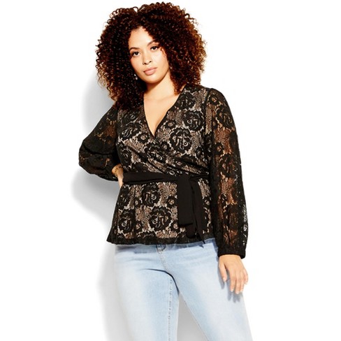 City Chic | Women's Plus Size Lace Fly Away Top - Black - 12 Plus : Target