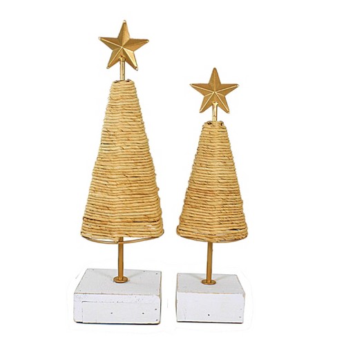 Ganz 14.0 Inch Natural Woven Tree Set Star Distressed Tree Sculptures ...