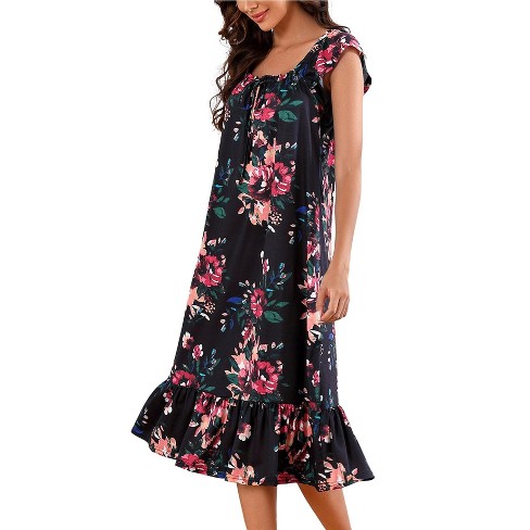 Womens Pajama Cap Sleeve Night Dress Floral Nightgowns With Ruffle Hem ...