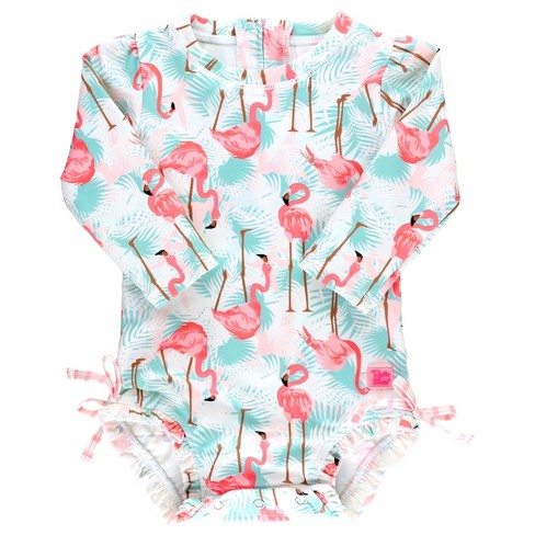 Rufflebutts Baby Long Sleeve One Piece Rash Guard - Vibrant Flamingo ...
