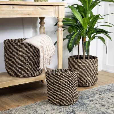 Northlight Set Of 3 Striped Beige And Black Woven Seagrass Storage ...