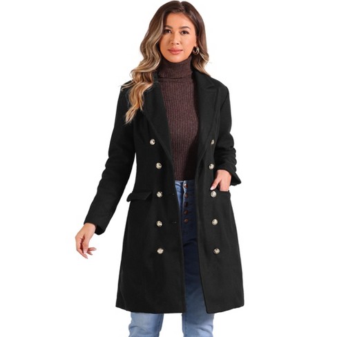 Allegra K Women's Notched Lapel Double Breasted Mid-long Pea Coat Black ...