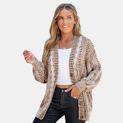 Women's Striped Cable Knit V-neck Cardigan - Cupshe-xs-brown : Target