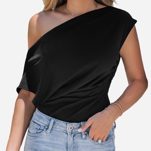 Women's One Shoulder Short Sleeve Fitted Bodysuit - Cupshe-m-black : Target