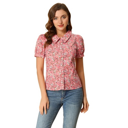 Allegra K Women's Puff Short Sleeves Point Collar Button Down Floral ...