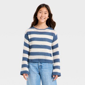 Girls' Open Knit Striped Sweater - art class™ Cream/Blue XL : Target