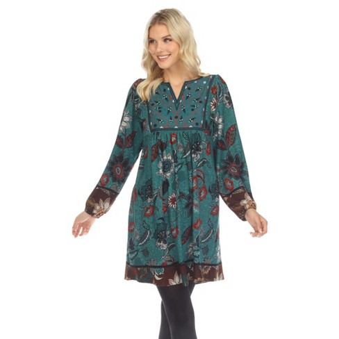 Women's Paisley Floral Embroidered Sweater Dress Teal M -white Mark ...