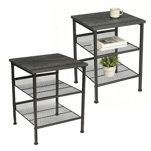 Set of 2 Industrial 3-Tier Square Side Tables with Mesh Storage Shelves ...