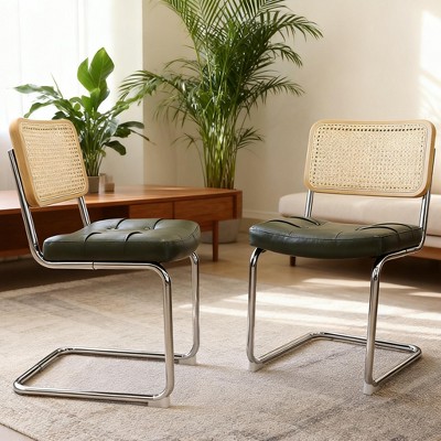 Modern Mid Century Cantilever Dining Chairs with Rattan Back and Faux ...