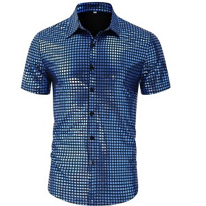 Yesfashion Mens Button Down Disco Shirt Metallic Sequins Shiny Short Sleeve Party Shirts ...