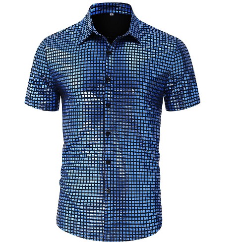 Mens Button Down Disco Shirt Metallic Sequins Shiny Short Sleeve Party Shirts Nightclub Costume ...