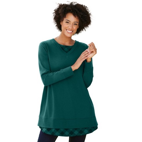 Woman Within Women's Plus Size Layered Look Sweatshirt - 2x, Emerald ...