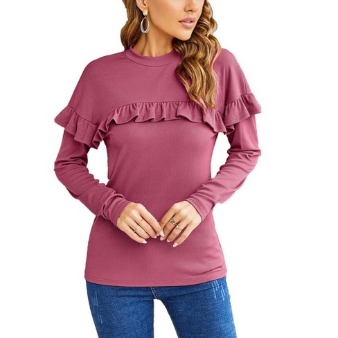 Whizmax Women's Ruffle Shoulder Ribbed Knit Turtleneck Tops Slim Fit ...