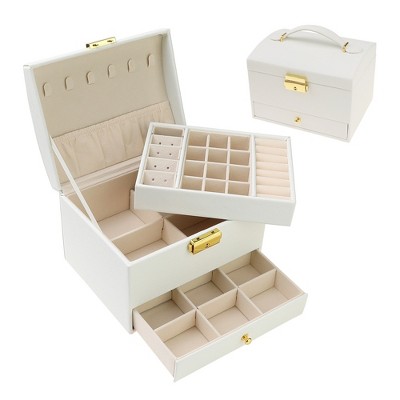 Unique Bargains Pu Leather 2 Layer Jewelry Box With Drawer White : Target