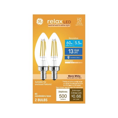 Ge 2pk Relax Warm White 60w Bm Clear: Led B11 Dimmable Light Bulbs, E26 ...