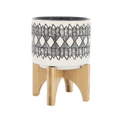 Geometric Ceramic Planter On Wooden Stand - Sagebrook Home : Target