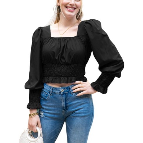 Anna-kaci Women's Square Neck Gathered Smocked Long Sleeve Bishop ...