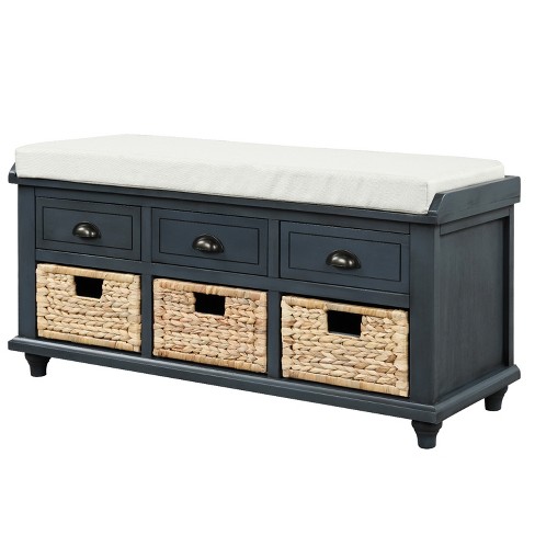 Rustic Storage Bench With 3 Drawers And 3 Rattan Baskets Antique Navy ...