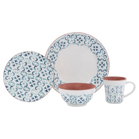 Baum Bros. 16pc Stoneware Eloise Dinnerware Set Turquoise: Geometric ...