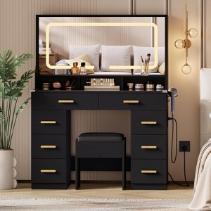 Nasitip Makeup Vanity Desk with Large Mirror, 8 Drawers, Glass Top ...