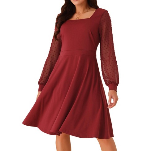 Seta T Women's Long Sleeve Swiss Dots Square Neck Knee Length Elegant ...