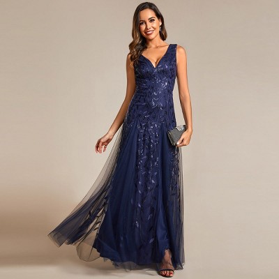 Navy Blue V Neck Sleeveless Tulle Hem A-line Sequins Maxi Evening ...