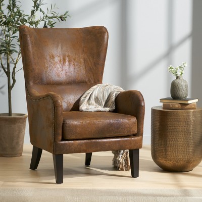 40.75"h High-back Accent Chair, Upholstered Studded Arm Chair 4s, Brown ...