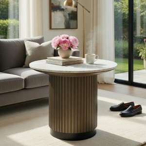 Jeh Side End Table, 22 Inch White Round Top, Fluted Base, Oak Brown ...