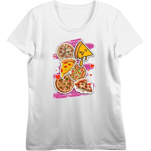 Love At First Bite Pizza Stickers Women's Vivid White Crew Neck Short ...