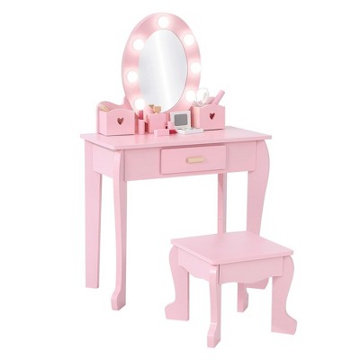 Kids Vanity Set With Mirror And Stool, Wooden Girls Makeup Playset ...