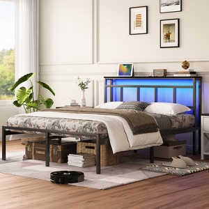 Full Size Bed Frame with Storage Headboard, Smart LED Light Strip, USB ...