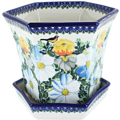 Blue Rose Polish Pottery Goldfinch Large Hexagonal Flower Pot : Target