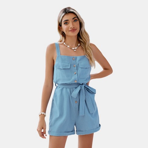 Women's Soft Blue Square Neck Romper - Cupshe-s-blue : Target