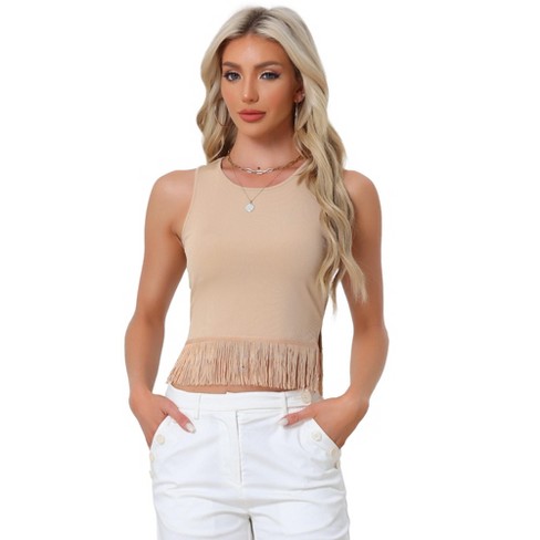 Allegra K Women's Ribbed Knit Crew Neck Sleeveless Crop Tassel Trim ...