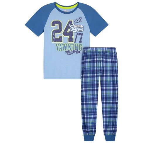 Sleep On It Boys 2 piece Short sleeve Jersey Pajama Pants Set 24 7 Yawning Blue Plaid Size S 6 7 Target