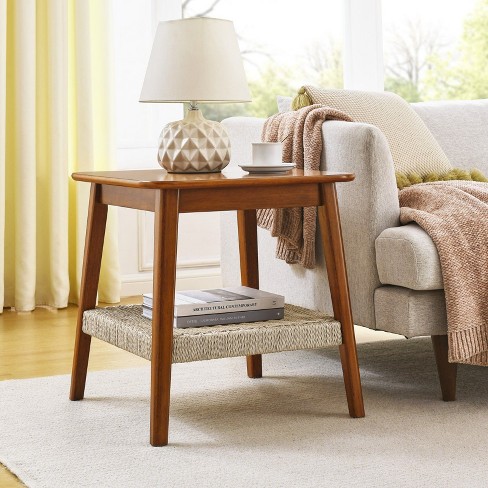 Unikito Mid-century Side Table With Woven Shelf, Boho Side Table With ...
