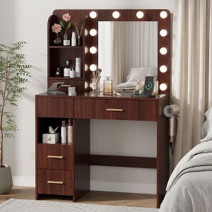 35" Vanity Desk with LED Lighted Mirror, 3 Lighting Colors Makeup ...