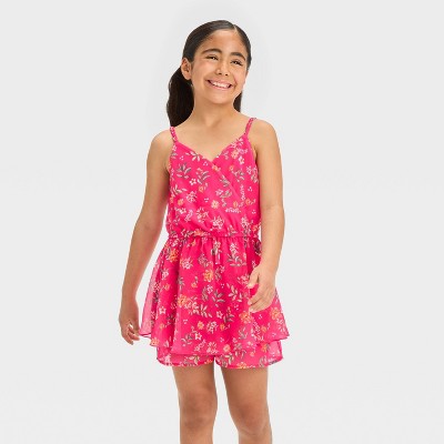 Zenzi Girls' Sleeveless Floral Chiffon Romper - Vibrant Pink Xs : Target