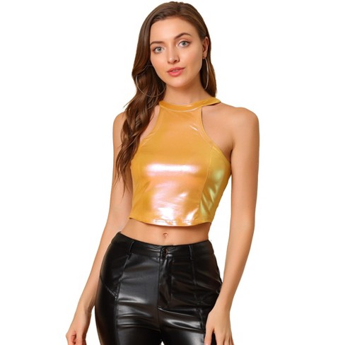 Allegra K Women's Holographic Party Sparkle Halter Neck Stretch Crop ...
