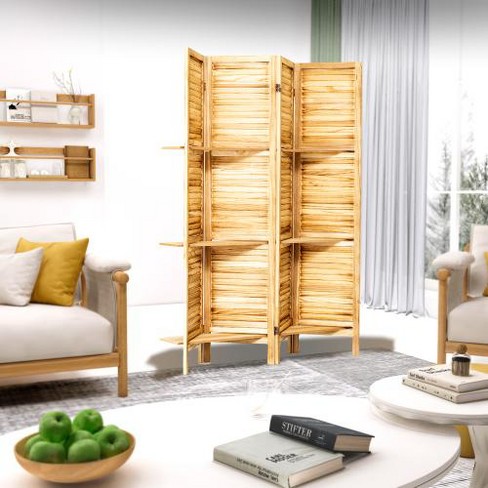 Freestanding 4-panel Wood Room Divider With Integrated Display Shelf ...