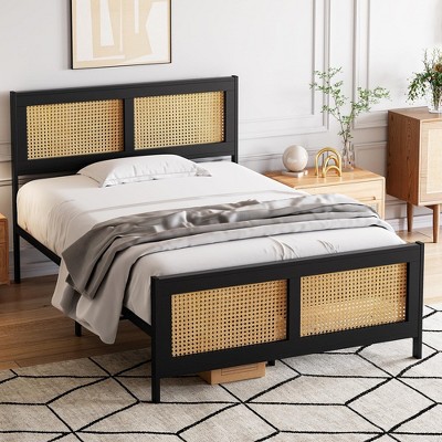 Garvee Full Size Bed Frame with Rattan Headboard and Footboard, Rattan ...