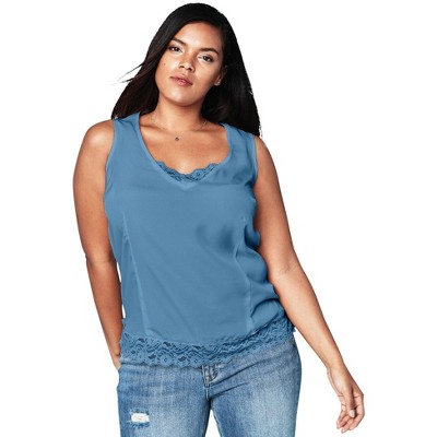 Roaman's Women's Plus Size Lace Trim Satin Tank - 16 W, Dusk Blue : Target