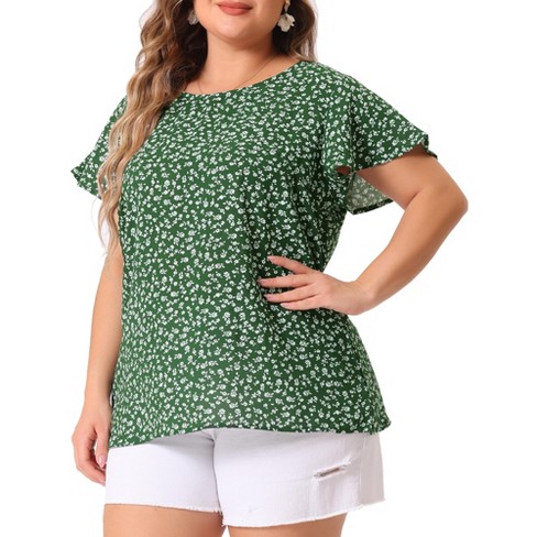 Agnes Orinda Women's Plus Size Floral Print Short Flutter Sleeve Casual ...