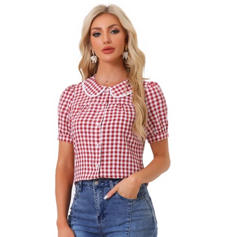 Allegra K Women's Plaid Puff Short Sleeve Button Down Peter Pan Collar ...