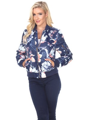 Women's Floral Bomber Jacket Blue Large - White Mark : Target