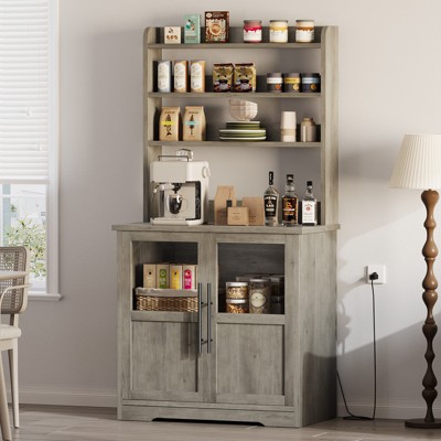 Farmhouse 2 Glass Door Bakers Rack With Power Outlet, Thickened Counter ...