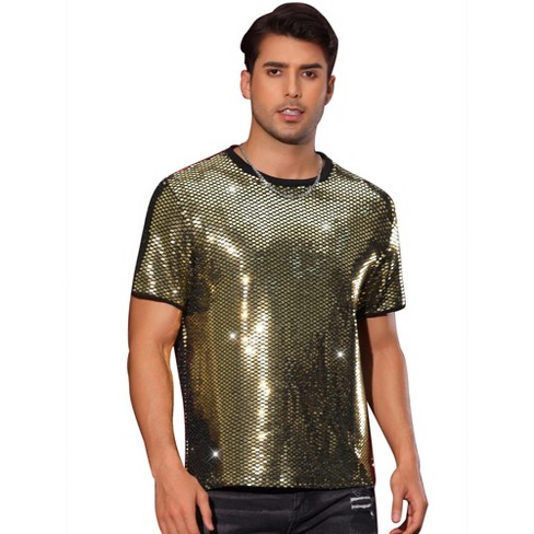 Lars Amadeus Men's Sequin Party Short Sleeve Metallic Club Glitter T-shirts Golden Medium : Target