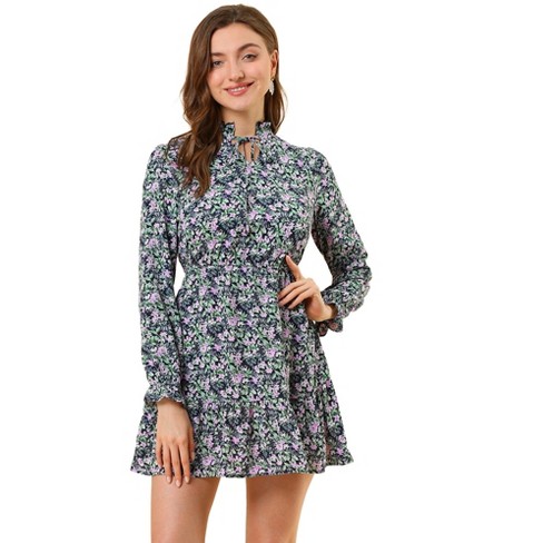 Allegra K Women's Tie Neck Long Sleeve Elastic Waist Ruffle Hem Floral ...