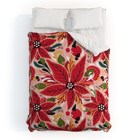 Avenie Abstract Floral Poinsettia Red Queen Comforter + Pillow Shams ...