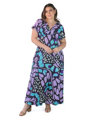 24seven Comfort Apparel Plus Size Purple Butterfly Print V Neck Cap ...